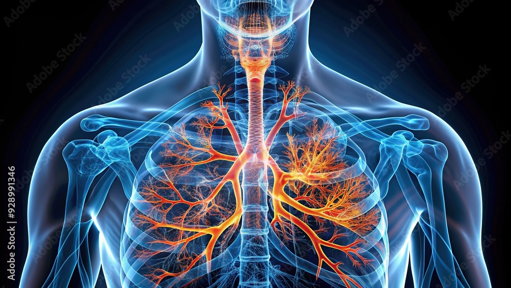 Macro X-ray image of human respiratory system, highlighting trachea ...