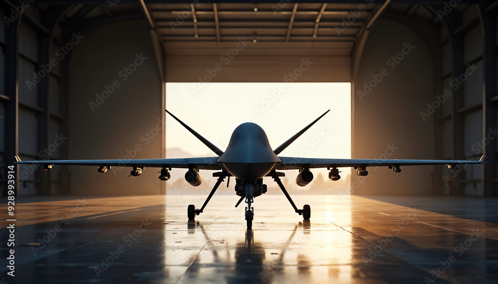 Inside a dim hangar, an MQ-9 Reaper drone is illuminated, casting ...