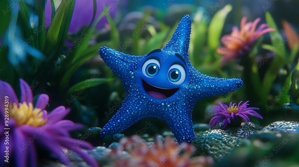 Twirling Blue Starfish Cartoon Character Surrounded by Sea Anemones and ...