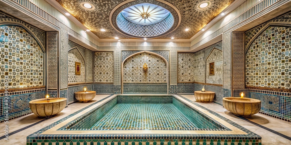 Luxurious Turkish hammam bath interior with ornate mosaic tiles and ...
