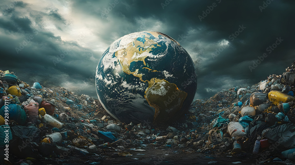 A polluted planet surrounded by garbage, highlighting environmental ...