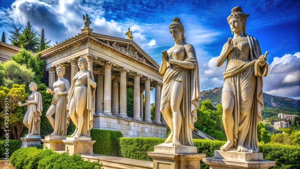 Majestic marble statues of mythological deities stand proudly against a ...