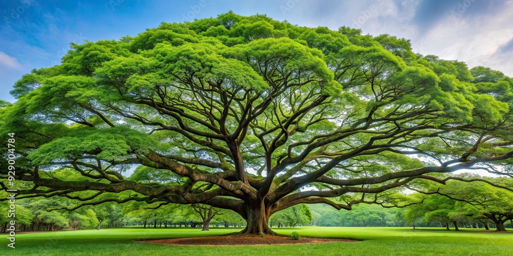 Majestic giant rain tree with wide canopy and lush green leaves, nature ...