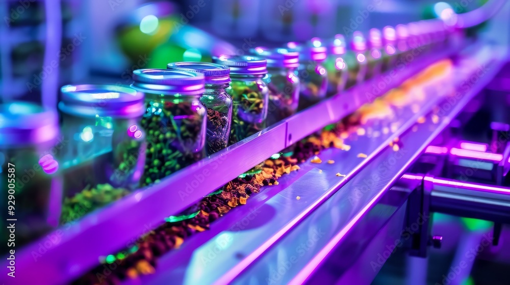 vibrant neon-lit tea factory with glowing green and purple lights ...