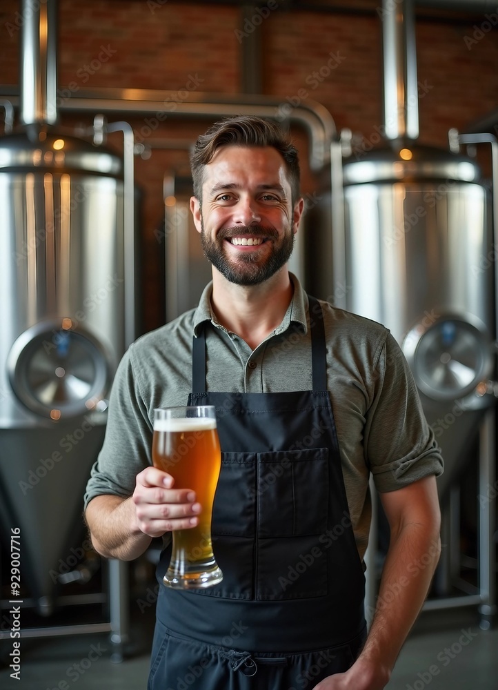A proud brewmaster smiles with a freshly poured craft beer in front of ...