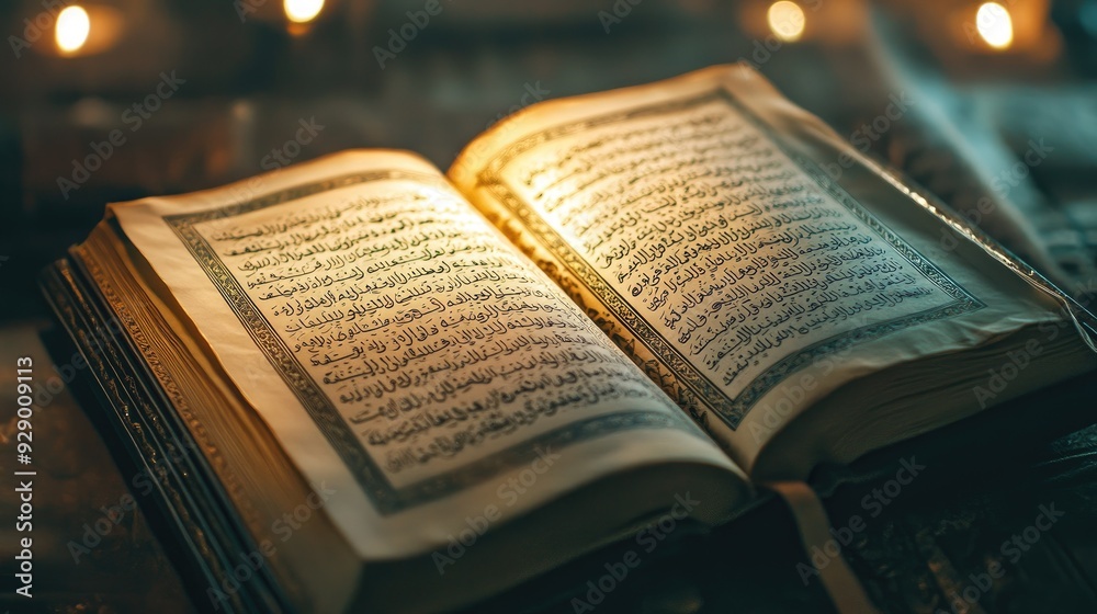 An open Quran with finely crafted Arabic calligraphy, bathed in soft ...