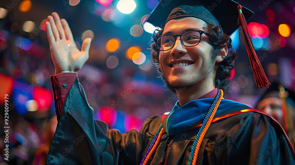 A celebratory photograph of a graduate in cap and gown high-fiving a ...