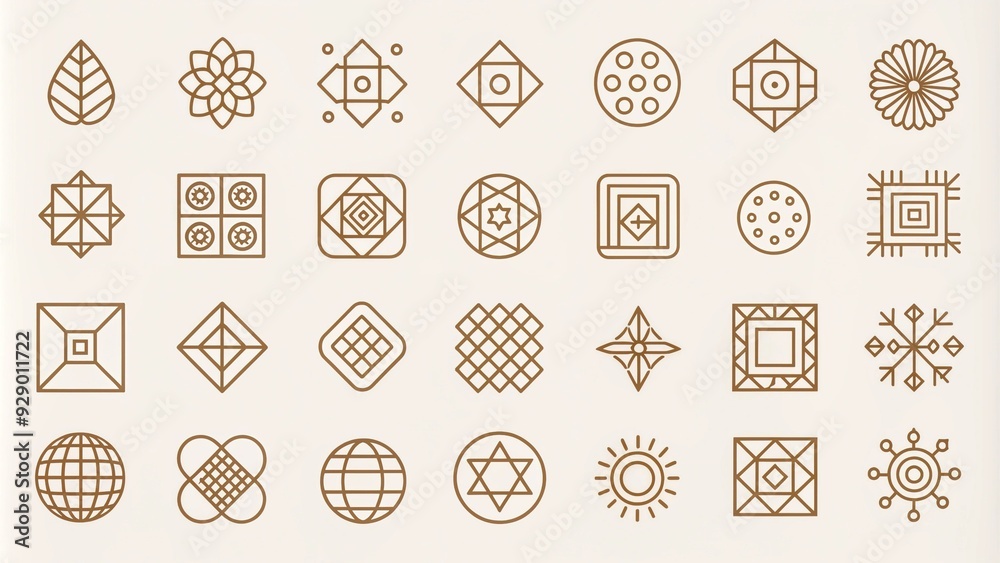 Minimalist geometric line icon set featuring decorative elements ...