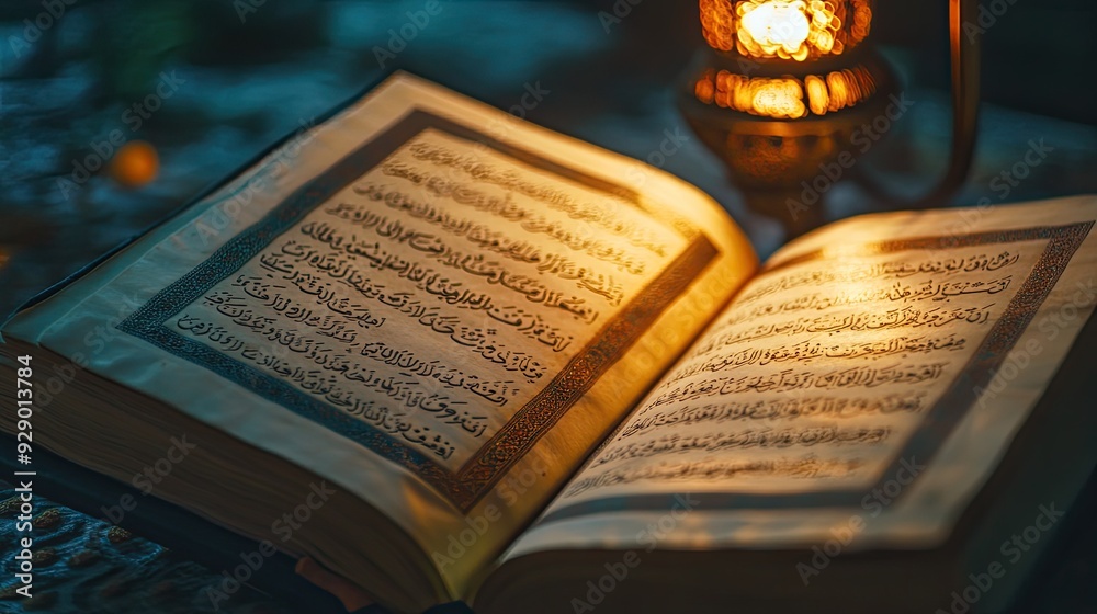 The pages of an open Quran, featuring beautifully written Arabic script ...