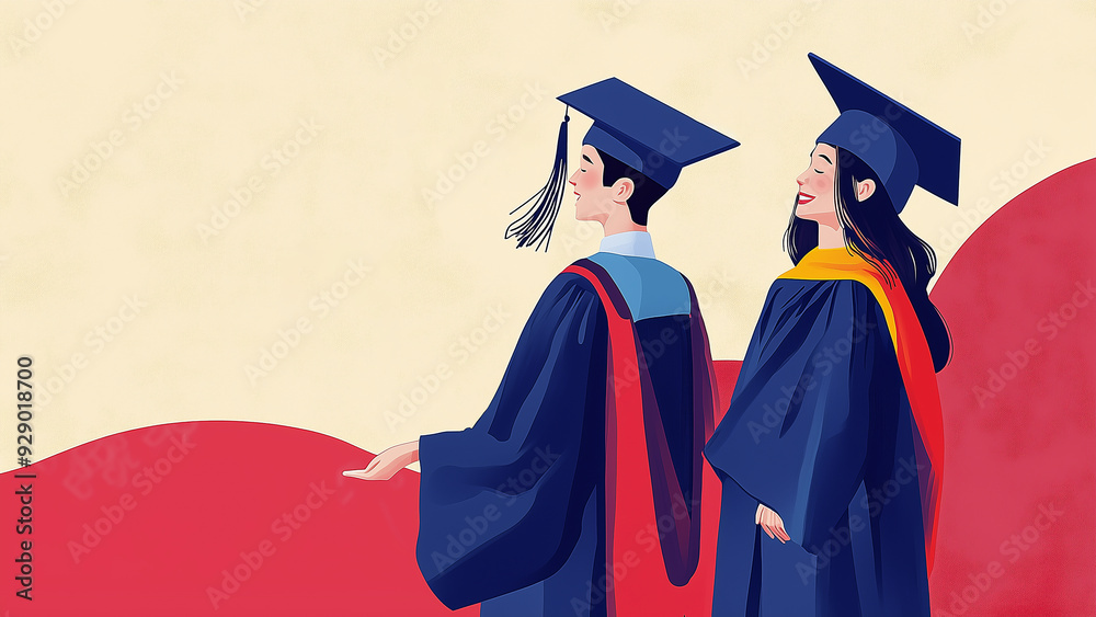 Illustration of a graduate couple wearing hats and cloaks, standing ...