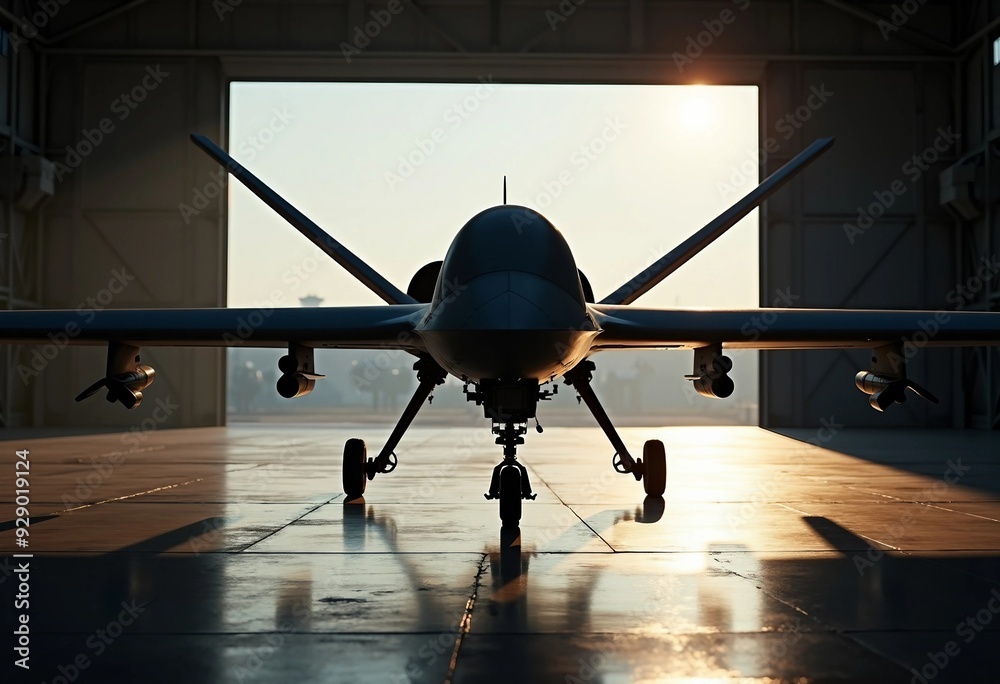 Inside a dim hangar, an MQ-9 Reaper drone is illuminated, casting ...