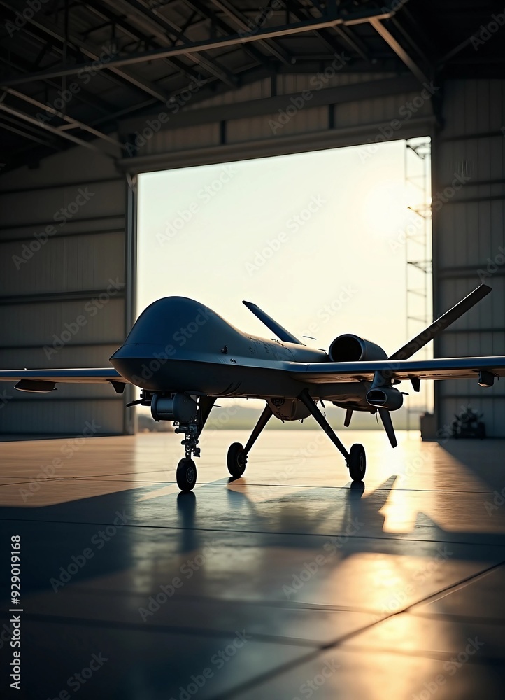 Inside a dim hangar, an MQ-9 Reaper drone is illuminated, casting ...