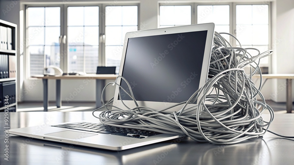 Modern computer setup with sleek silver laptop, large curved monitor ...