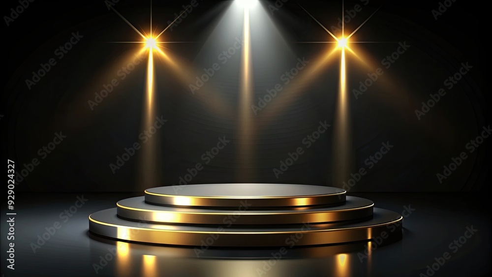 Elegant black and golden podium stage with glowing gold award glitter ...