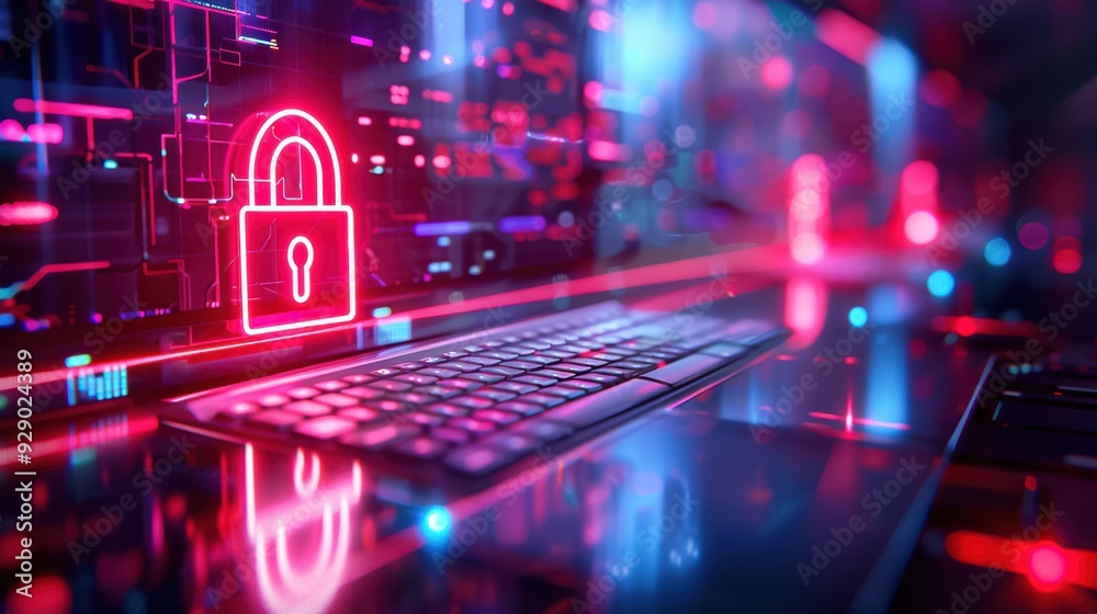 Glowing red lock symbol on a keyboard, representing cybersecurity and ...