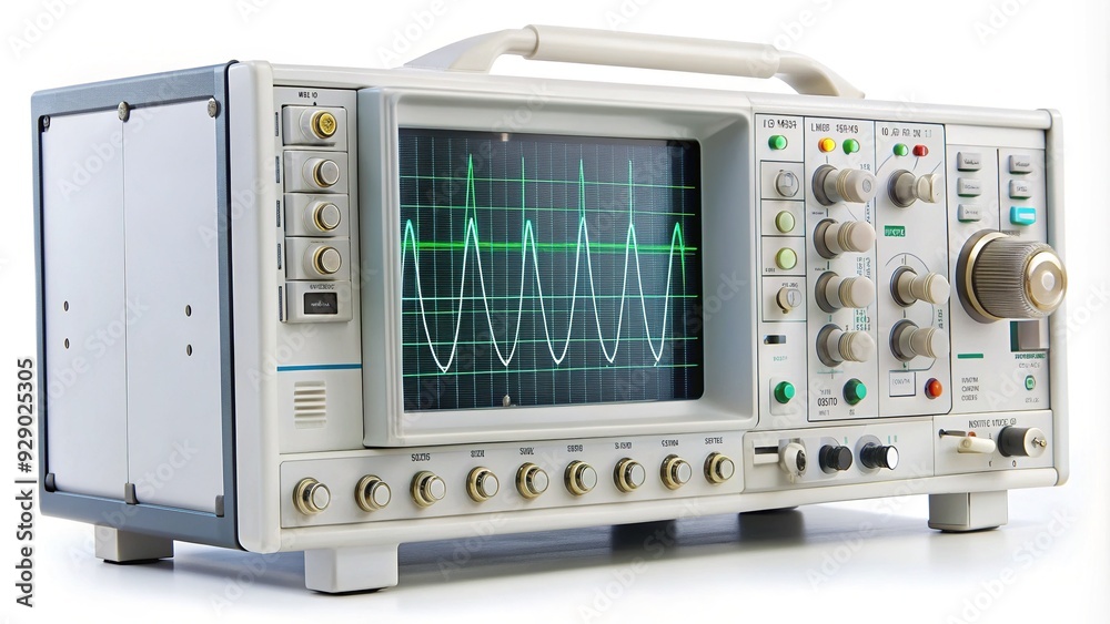 Modern digital oscilloscope displaying multiple waveforms on a high ...