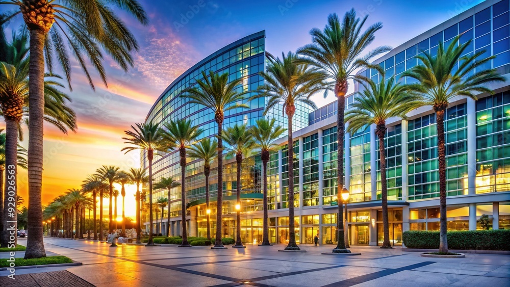Modern exterior of a large convention center with a sleek glass façade ...