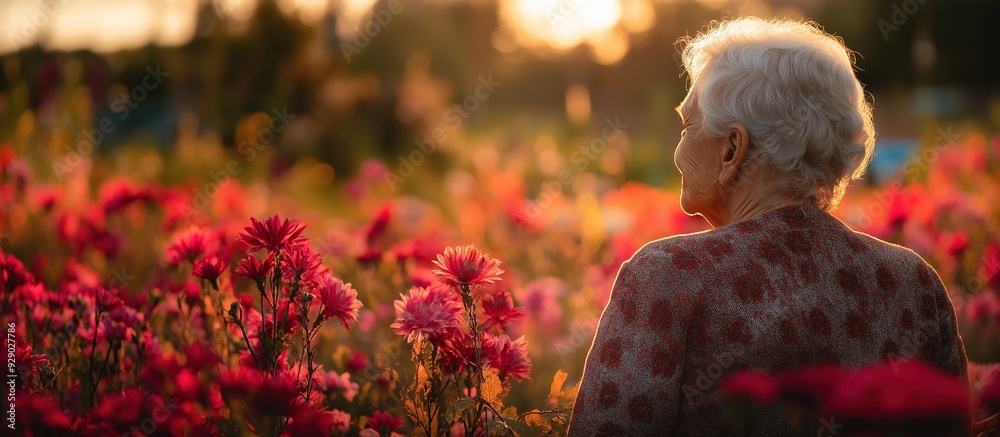 old age woman standing win flower field, grandma in flower field ...
