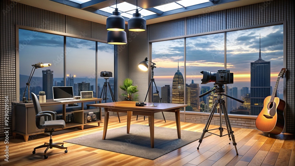 Modern home video studio setup with professional camera, microphone ...