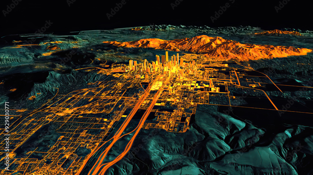 Technical aerial visual, 3D LiDAR GIS aerial map satellite scan model ...