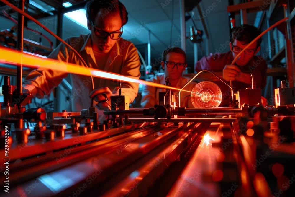 Researchers conducting experiments with a laser device in optical ...