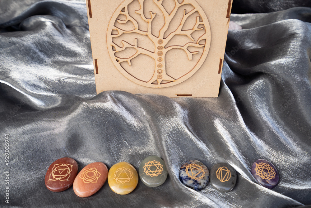 Tree of life and chakra healing crystals. Witchcraft, herbal medicine ...