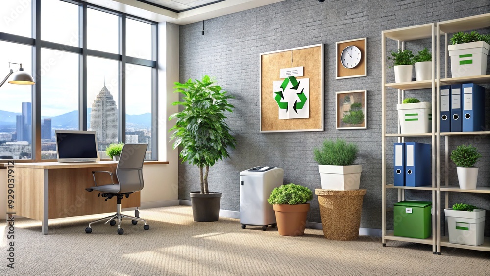 Modern office with a recycling bin, diversity posters, and a bulletin ...