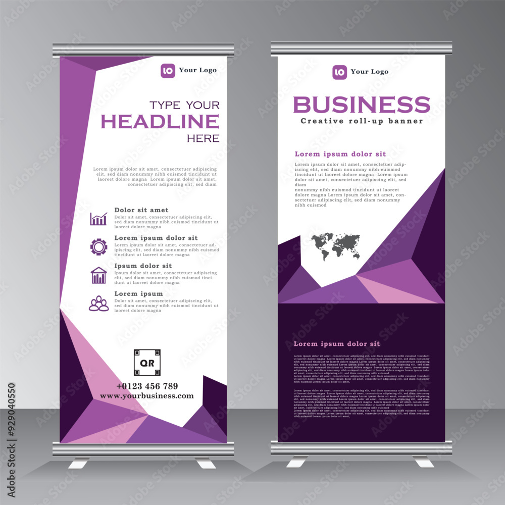 Purple roll up banner template, vertical banner template design, modern ...