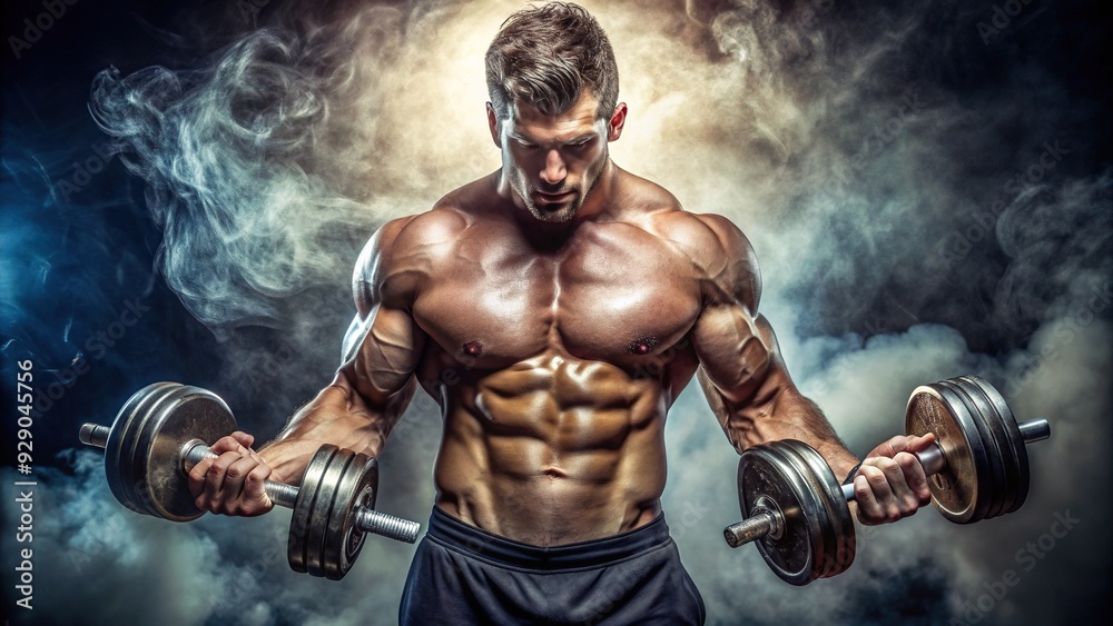 Muscular athlete in tight spotlight, gripping heavy iron dumbbells ...