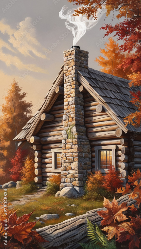 Design an art print featuring a rustic, weathered wooden log cabin with ...