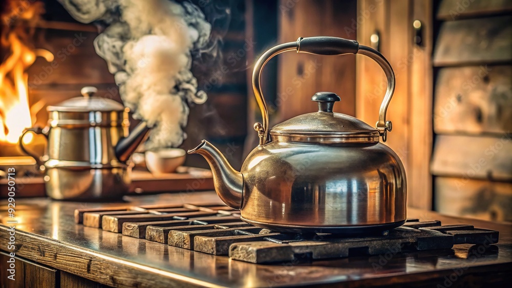 Old-fashioned whistling tea kettle sits atop a rustic gas stove ...
