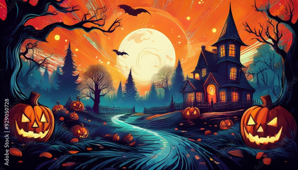 Halloween night scene in bold comic book style, with haunted houses ...