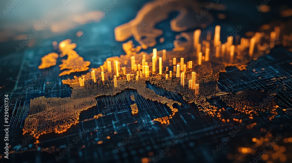 digital map of Europe with cities represented as illuminated data ...