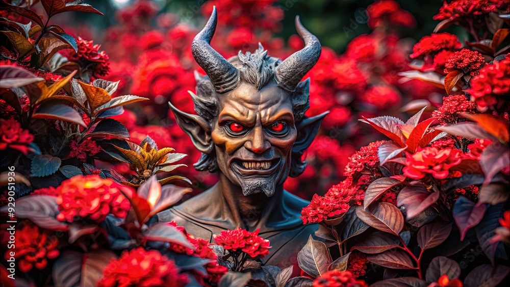 Ominous devil figurine stands amidst fiery red flowers and dark foliage ...