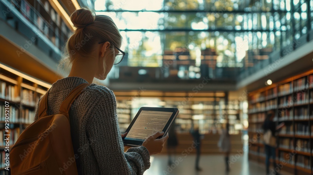Student reading an e-book in a modern library, sleek and organized ...