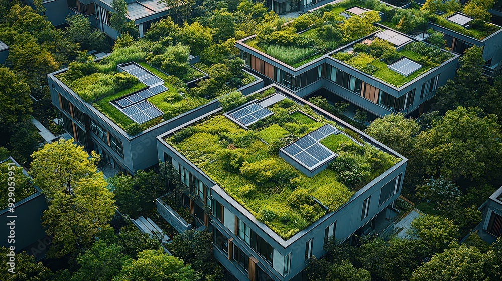 Modern buildings with green roofs and solar panels, surrounded by lush ...