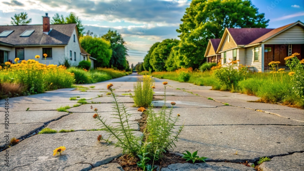 Overgrown driveway with tall weeds and wildflowers sprouting through ...