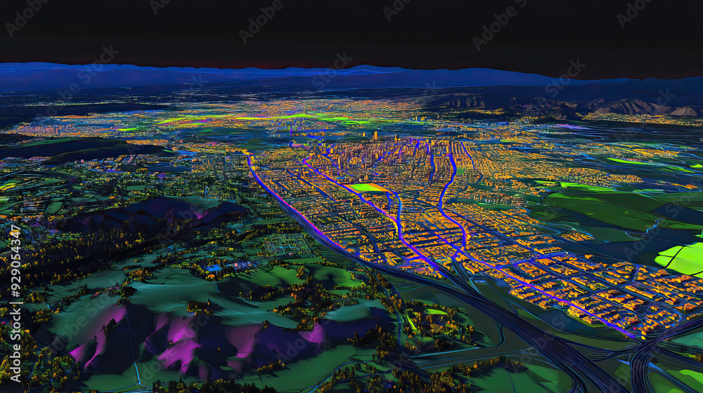 Technical aerial visual, 3D LiDAR GIS aerial map satellite scan model ...