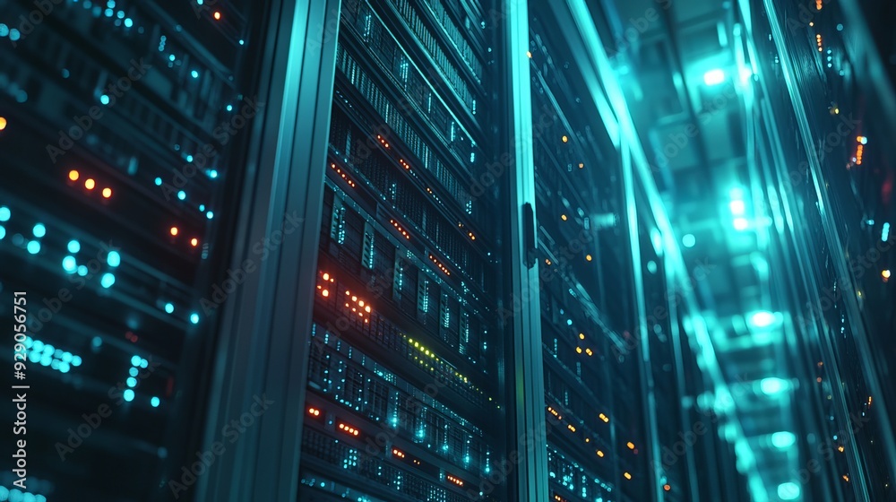 Data centers are filled with rows of servers, their blinking lights indicating constant ...