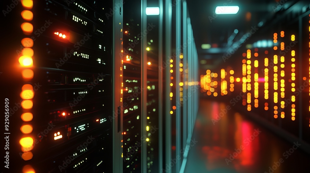 Data centers are filled with rows of servers, their blinking lights indicating constant ...