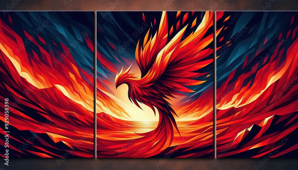 HD triptych art of an abstract red burning phoenix at twilight, bold ...