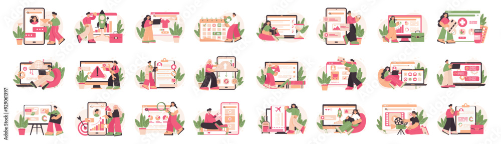 Mega set of pink concepts with people scene in flat cartoon design. An ...