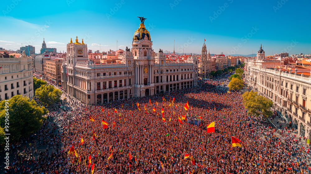 Massive Crowd Gathering in Madrid's Central Plaza with Spanish Flags ...