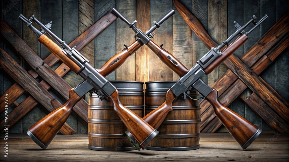 Rifles intersect in a dramatic pose, cold metal barrels and wooden ...