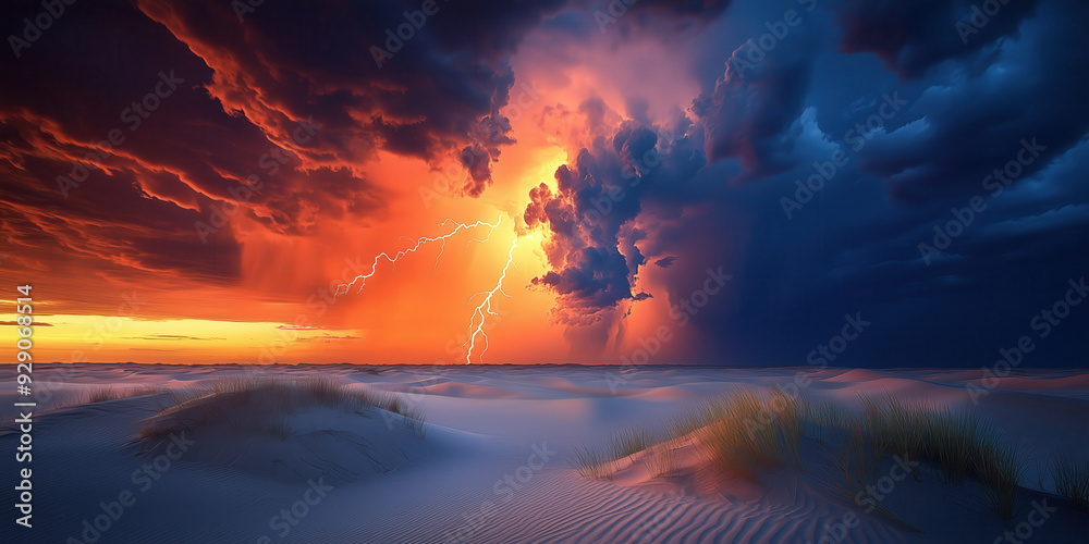 Lightning Storm Over Desert Dunes at Sunset. Powerful lightning storm ...
