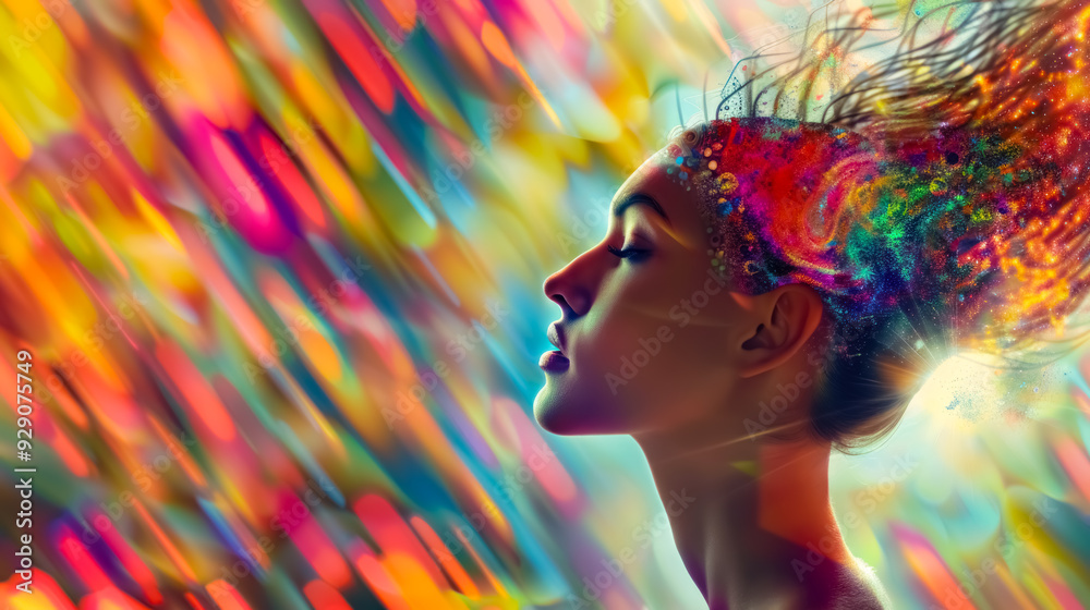 An artistic portrayal of a girl with a cascade of colorful ideas ...