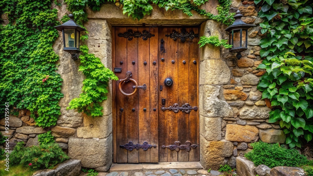 Rustic wooden door with old-fashioned iron hinges and a large metal ...