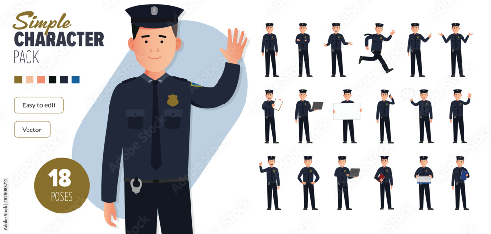 Simple flat American police man officer vector character in a set of ...