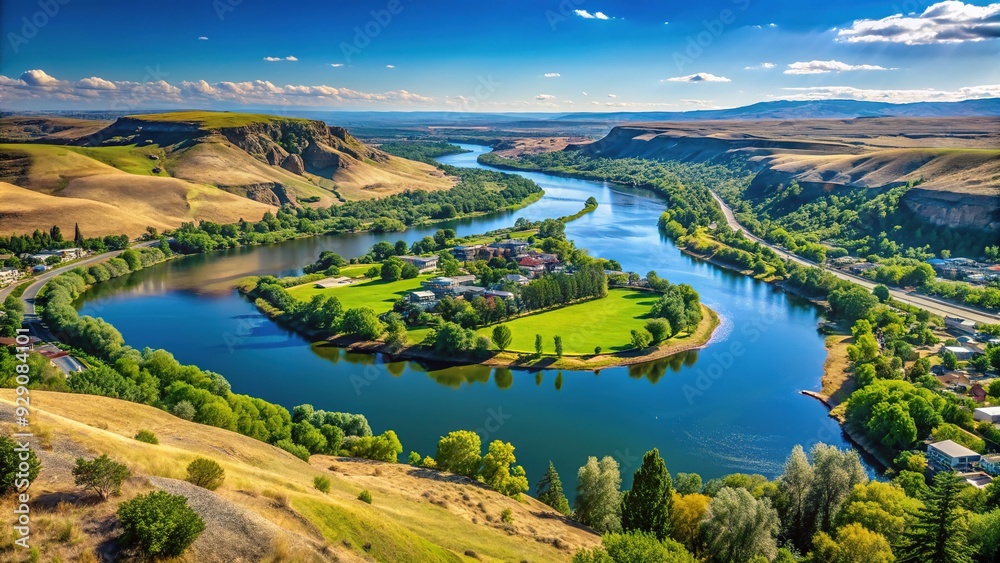 Scenic overlook of the Clarkston, Washington, riverfront, featuring a ...