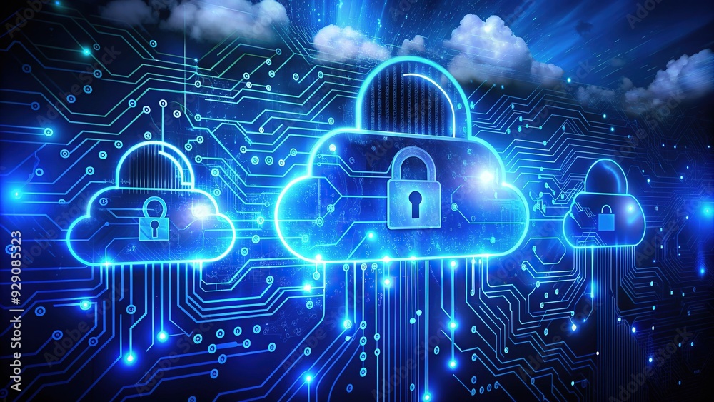 Secure data transmission represented by glowing blue circuits and locks floating in a virtual ...